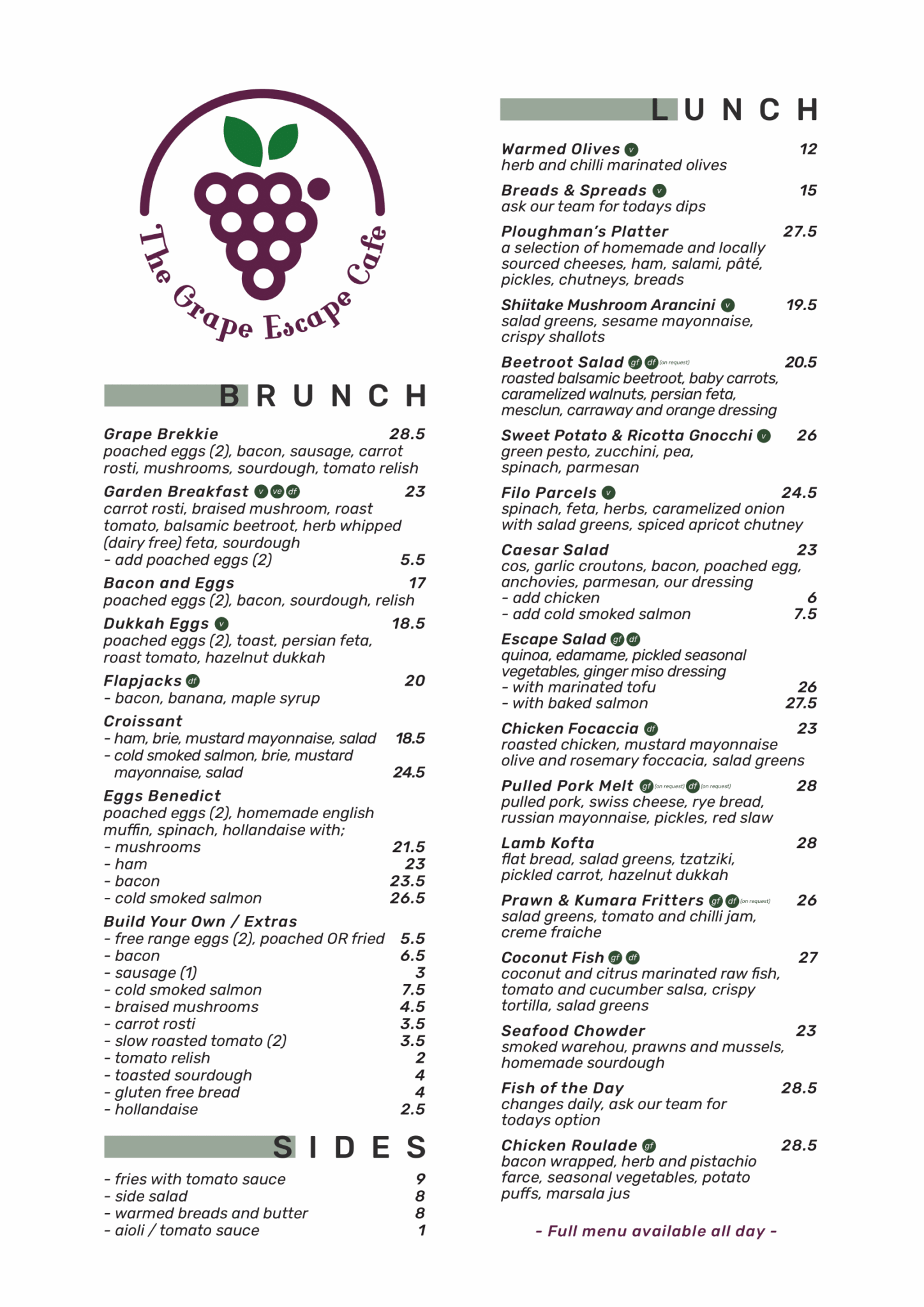 Our Menu - The Grape Escape Cafe