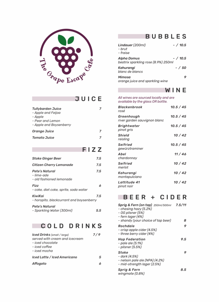 Our Menu - The Grape Escape Cafe